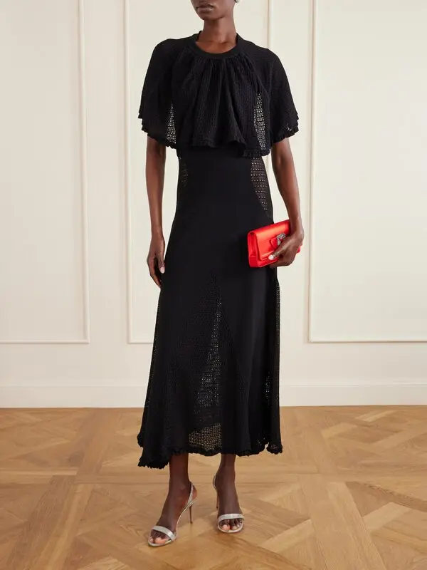 LANVIN Cape-effect Open-knit And Jersey Midi Dress - Black