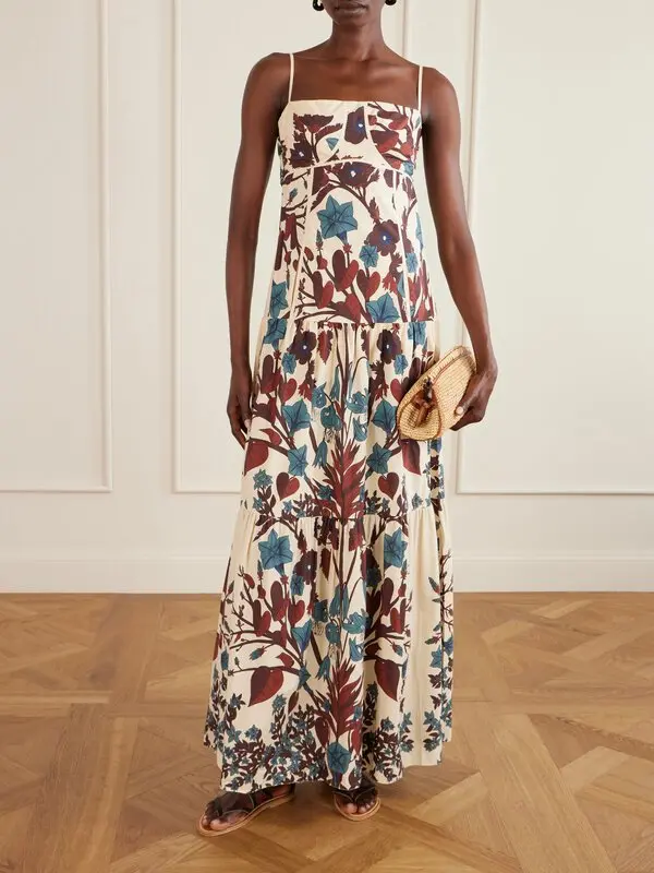 Johanna Ortiz Simbolico Open-back Tiered Floral-print Cotton-poplin Maxi Dress - Multi
