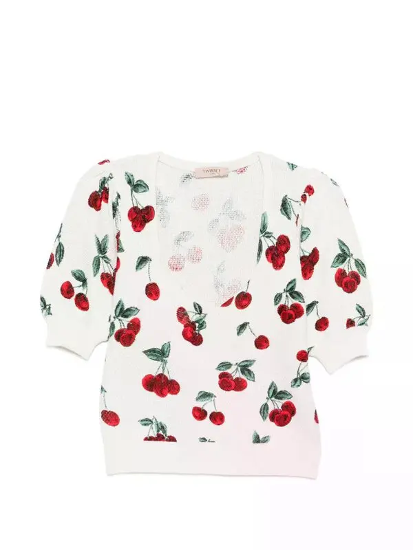 TWINSET Cherry Print Short Sleeve Sweater - Neutrals