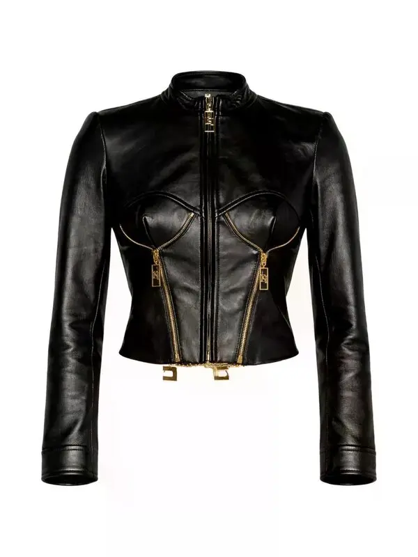 Elisabetta Franchi Leather Zip Embellished Jacket