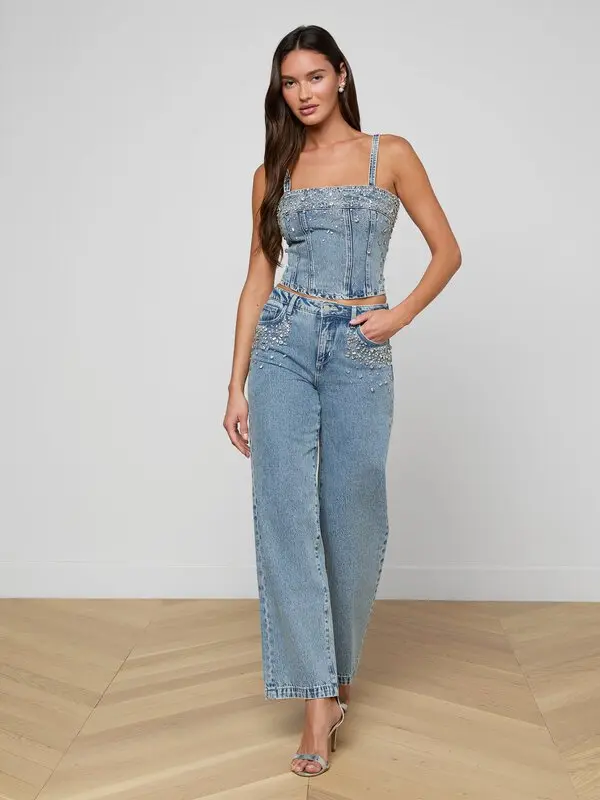 L'Agence Scottie Embellished Wide-leg Jeans - Malibu