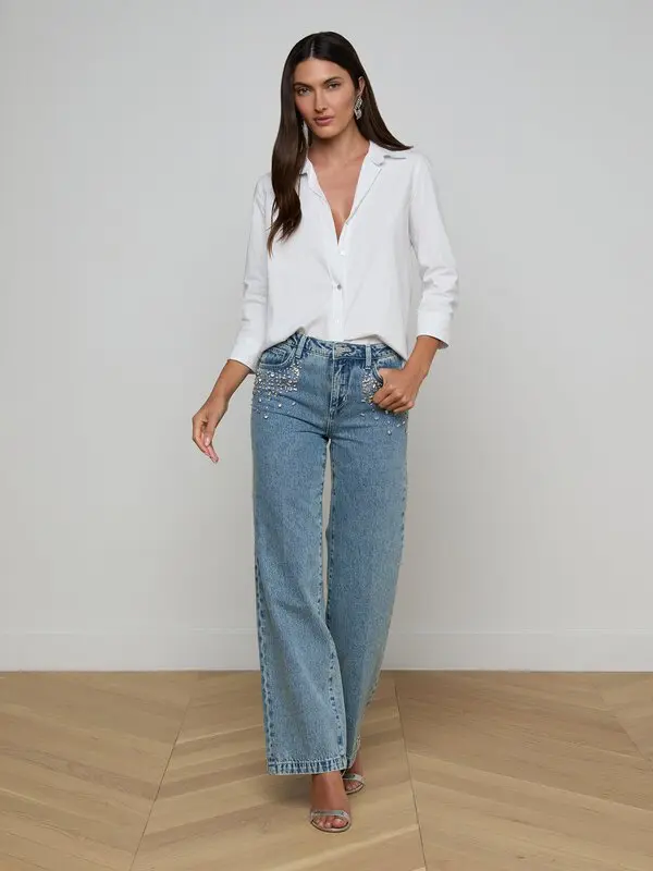 L'Agence Scottie Embellished Wide-leg Jeans
