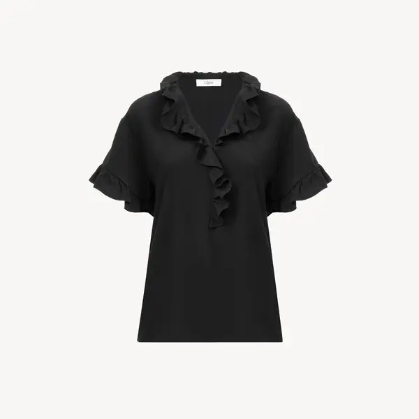 Chloé Short-sleeve Ruffle Crêpe De Chine Top - Black