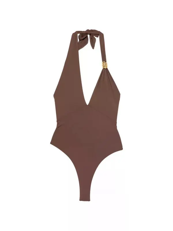 Elisabetta Franchi Halterneck Swimsuit With Jewel Clasp - Brown