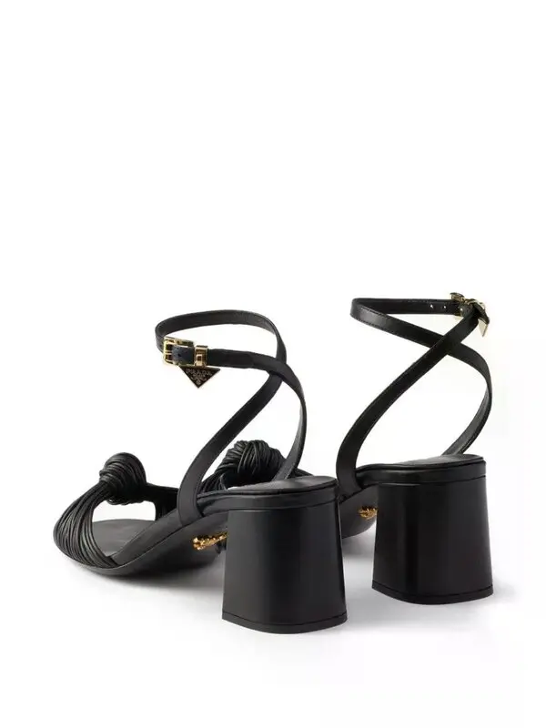 Prada Leather Heeled Sandals With Ankle Strap And Triangle Logo - Black