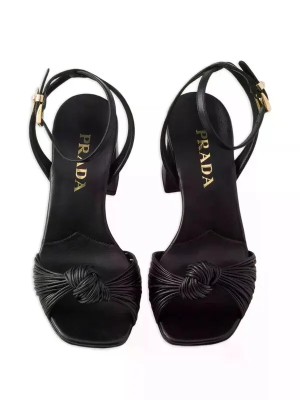Prada Leather Heeled Sandals With Ankle Strap And Triangle Logo - Black