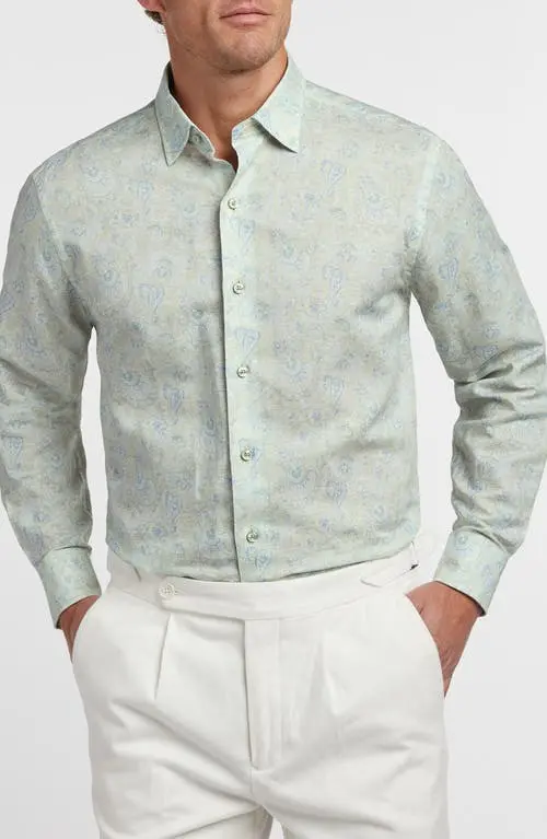 David Donahue Paisley Long Sleeve Linen & Pima Cotton Button-up Shirt - Dune/multi