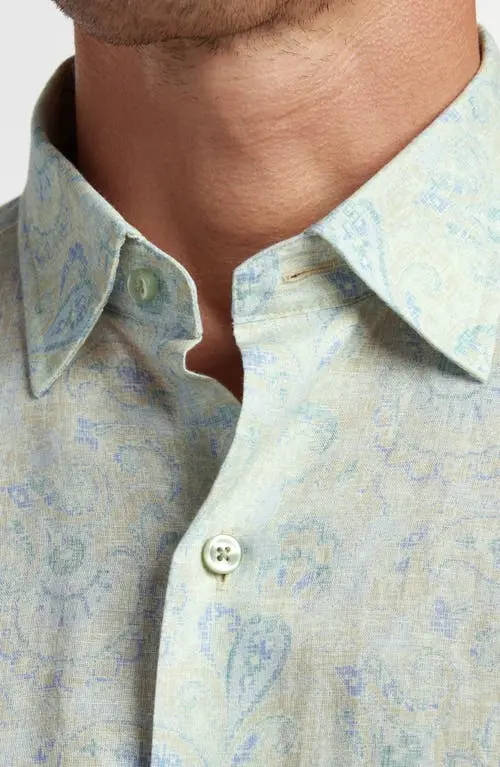 David Donahue Paisley Long Sleeve Linen & Pima Cotton Button-up Shirt - Dune/multi