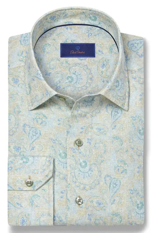 David Donahue Paisley Long Sleeve Linen & Pima Cotton Button-up Shirt - Dune/multi