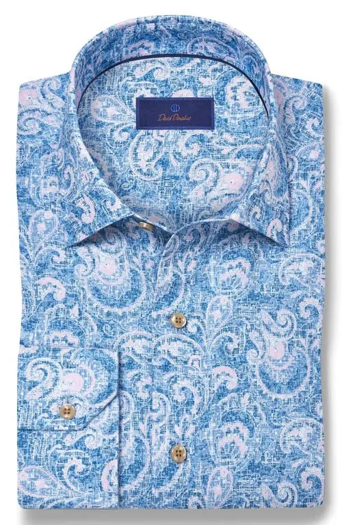 David Donahue Paisley Long Sleeve Linen & Pima Cotton Button-up Shirt - Navy/pink