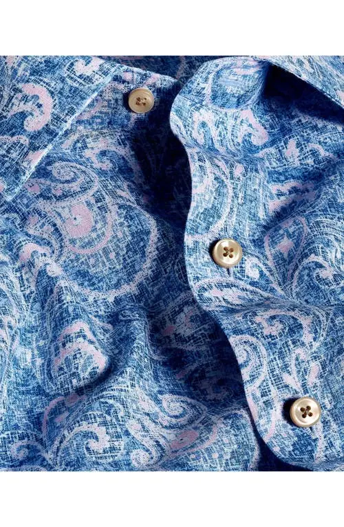 David Donahue Paisley Long Sleeve Linen & Pima Cotton Button-up Shirt - Navy/pink