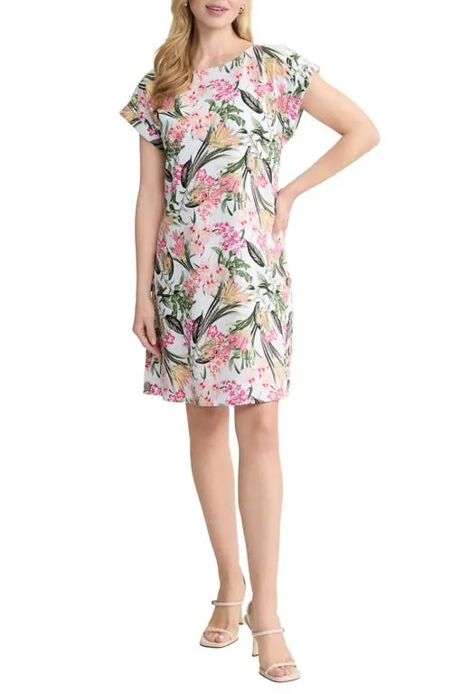 Jones New York Floral Linen Blend Shift Dress - White Sand Multi