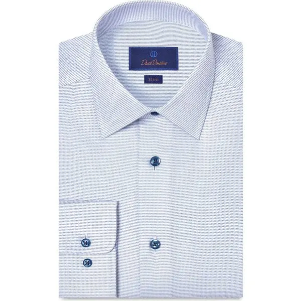 David Donahue Slim Fit Microcheck Cotton Twill Dress Shirt - White/blue