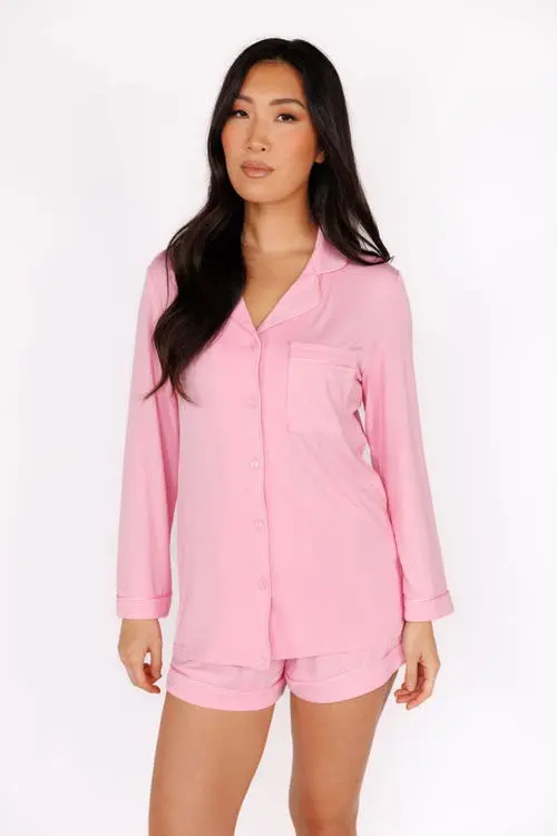 IN MY SUNDAYS Long Sleeve & Short Pajama Set - Primrose Pink