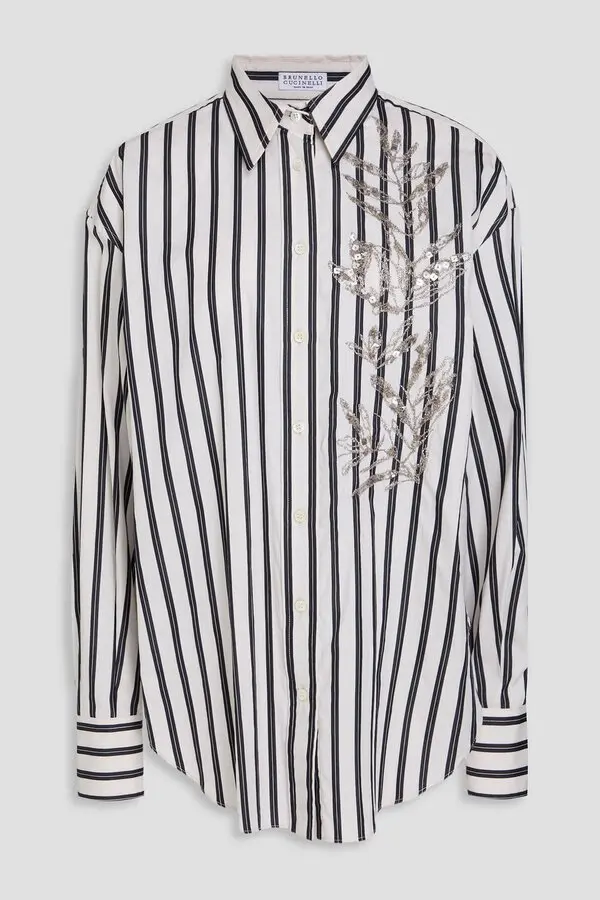 Brunello Cucinelli Embellished Striped Cotton And Silk-blend Shirt