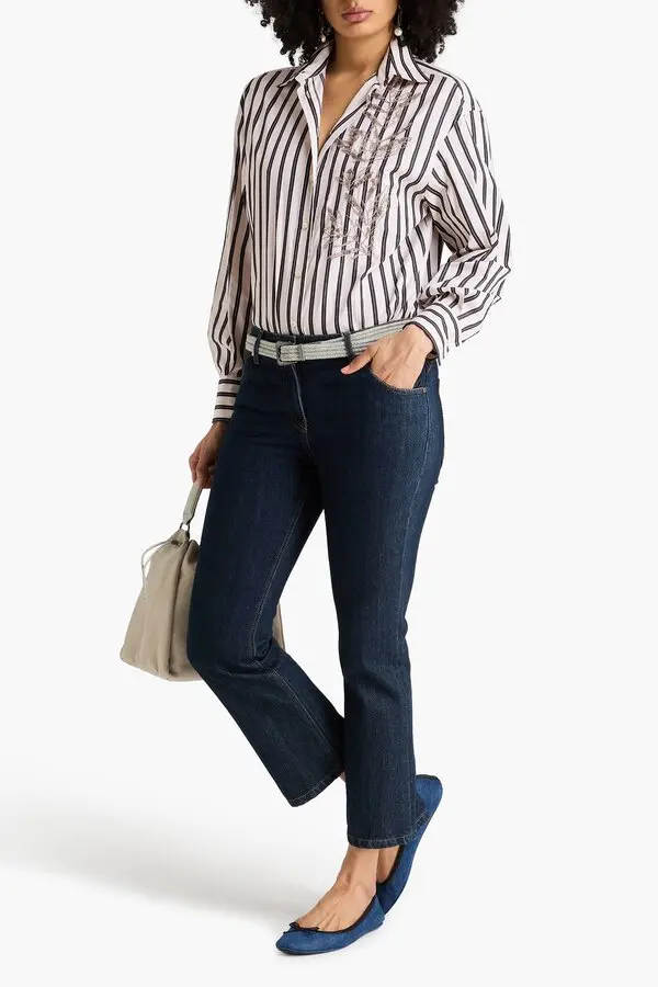 Brunello Cucinelli Embellished Striped Cotton And Silk-blend Shirt