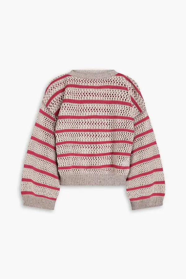 Brunello Cucinelli Cropped Embellished Striped Linen-blend Sweater