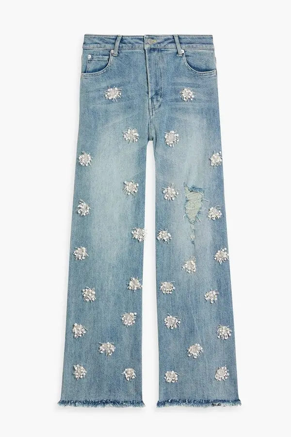 Simkhai Jude Embellished Distressed Highrise Straightleg Jeans - Light Denim