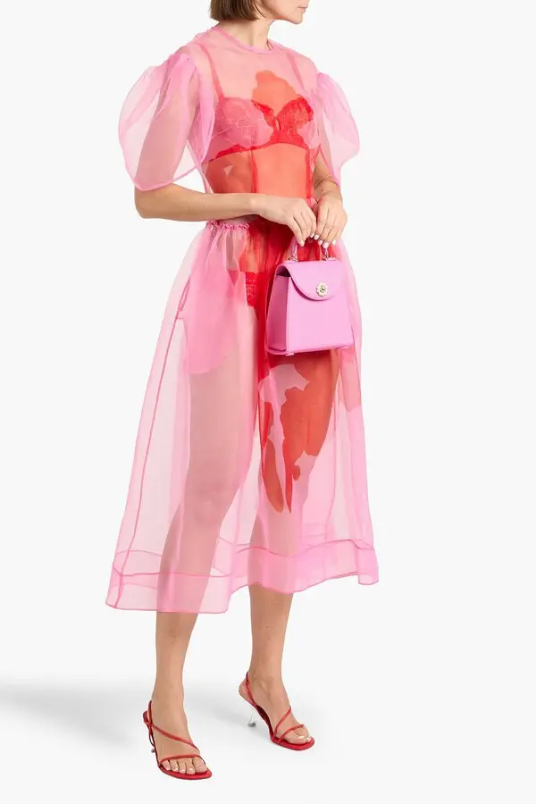 simone rocha puff sleeve red organza dress SIMONE ROCHA Cutout Bead-Embellished Silk-Organza Midi Dress