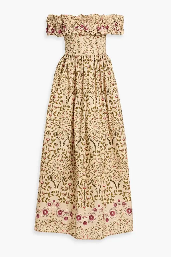 Agua Bendita Espliego Sueño Offtheshoulder Floralprint Cotton Maxi Dress - Beige