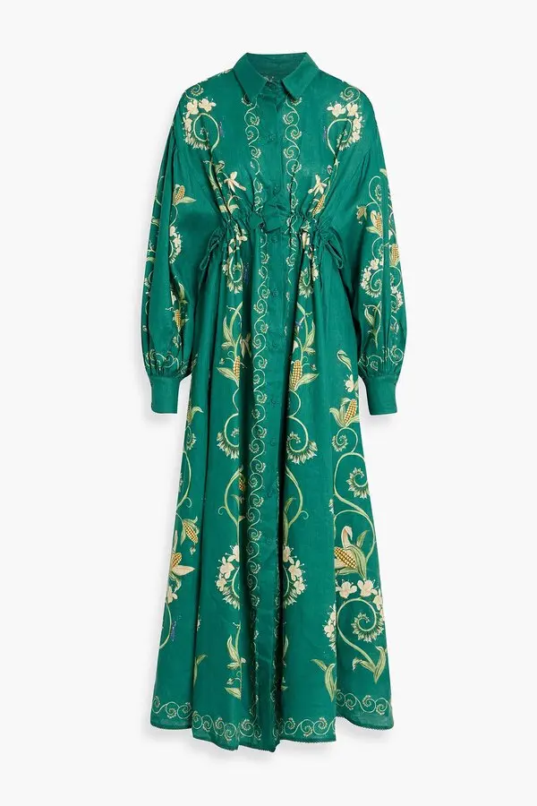 Agua Bendita Taos Esmeralda Printed Linen Maxi Shirt Dress - Emerald