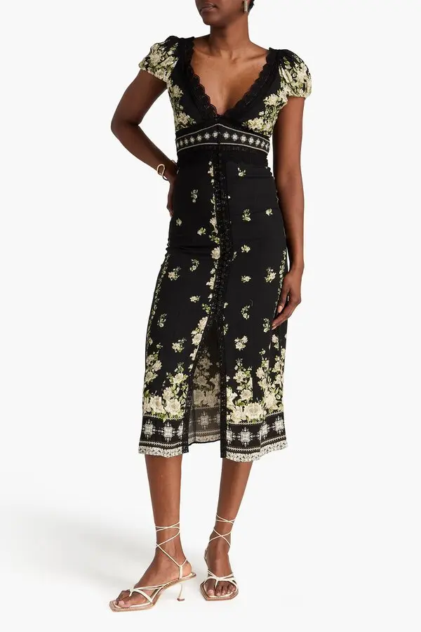 Alice + Olivia Lace-Trimmed Floral-Print Crepe Midi Dress - Black - 50% Off  | Editorialist