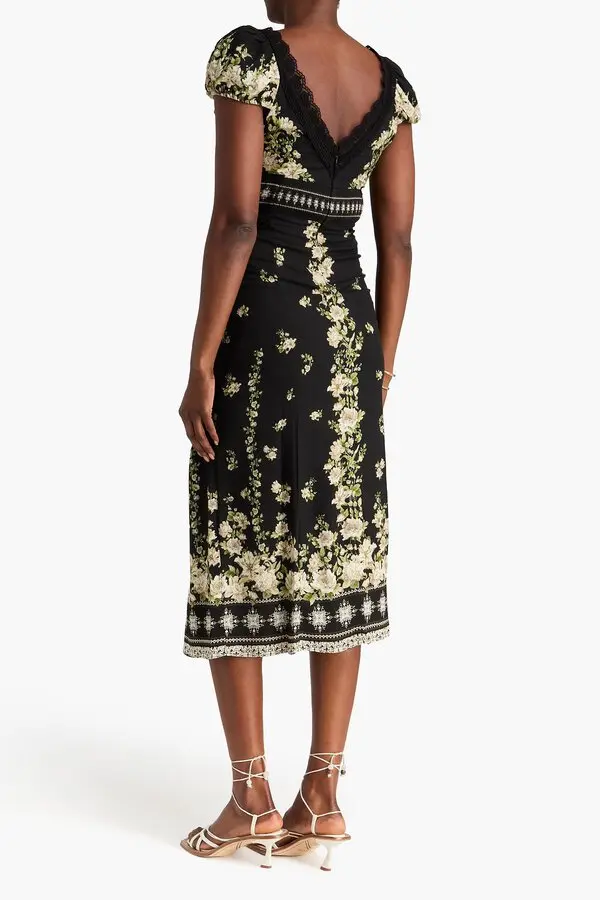 Alice + Olivia Lace-trimmed Floral-print Crepe Midi Dress