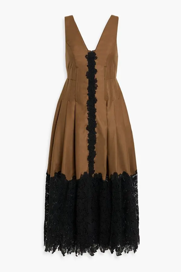 KIKA VARGAS Rosa Wooltwill And Guipure Lace Midi Dress - Brown