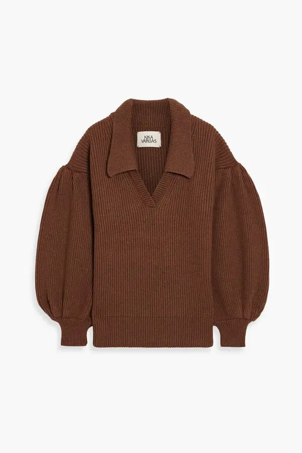 KIKA VARGAS Greta Ribbed Merino Wool Polo Sweater - Chocolate