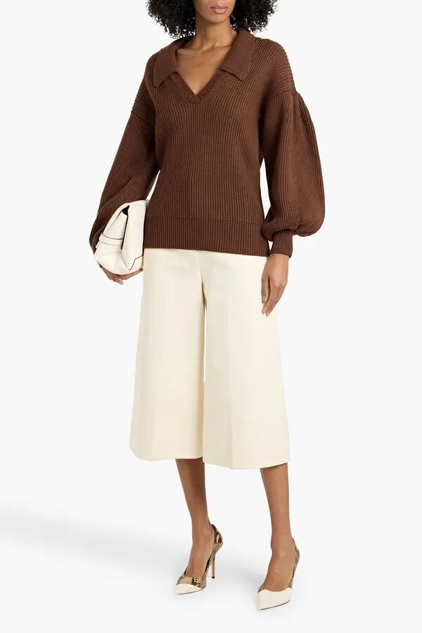 KIKA VARGAS Greta Ribbed Merino Wool Polo Sweater - Chocolate