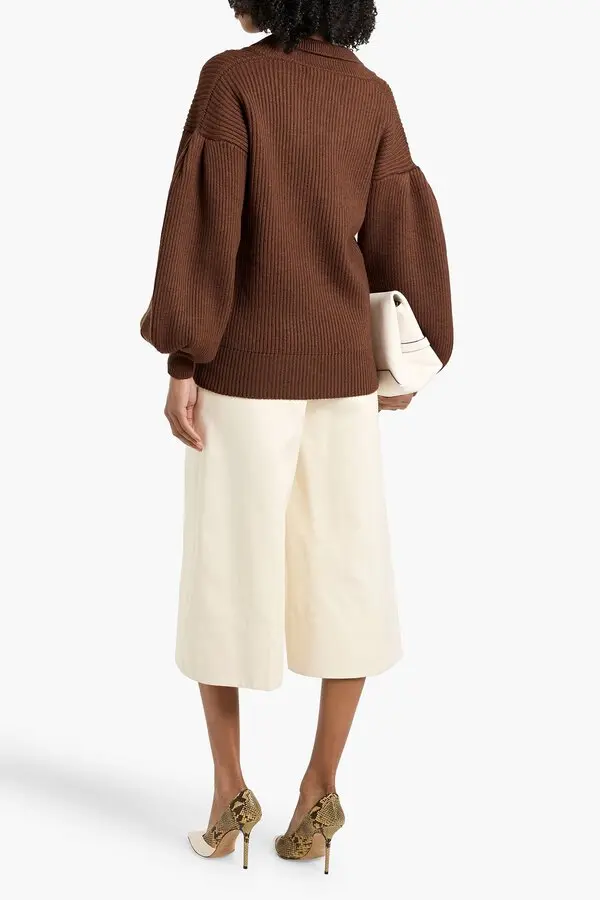 KIKA VARGAS Greta Ribbed Merino Wool Polo Sweater - Chocolate