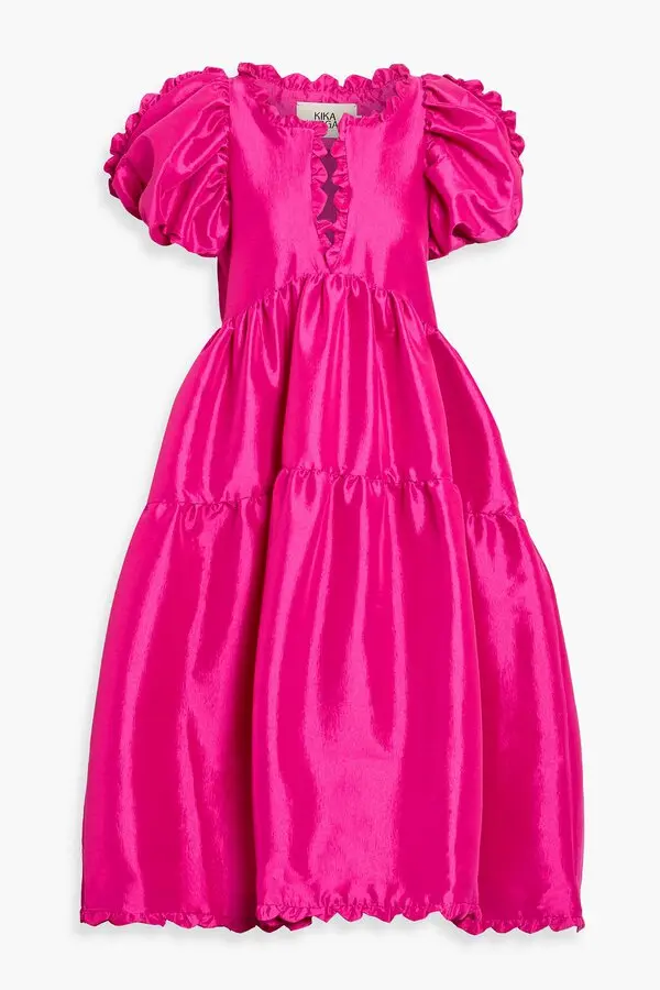 KIKA VARGAS Leana Tiered Silkblend Taffeta Midi Dress - Fuchsia