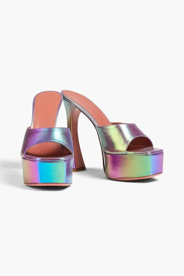 Amina Muaddi Dalida Iridescent Leather Platform Mules