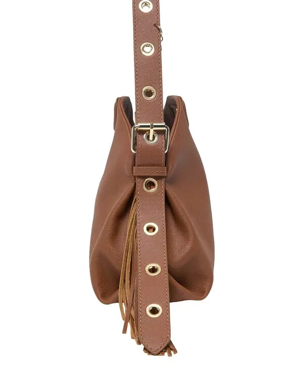 Maje Miss M Leather Crossbody Bag With Fringes - Cognac Brown