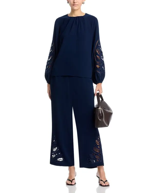 T Tahari Embroidered Pull On Pants - Navy