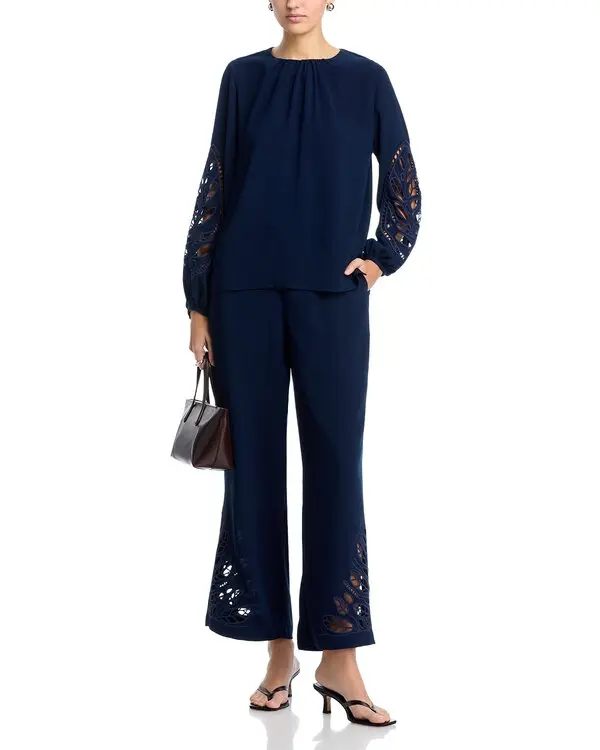 T Tahari Embroidered Sleeve Crewneck Blouse