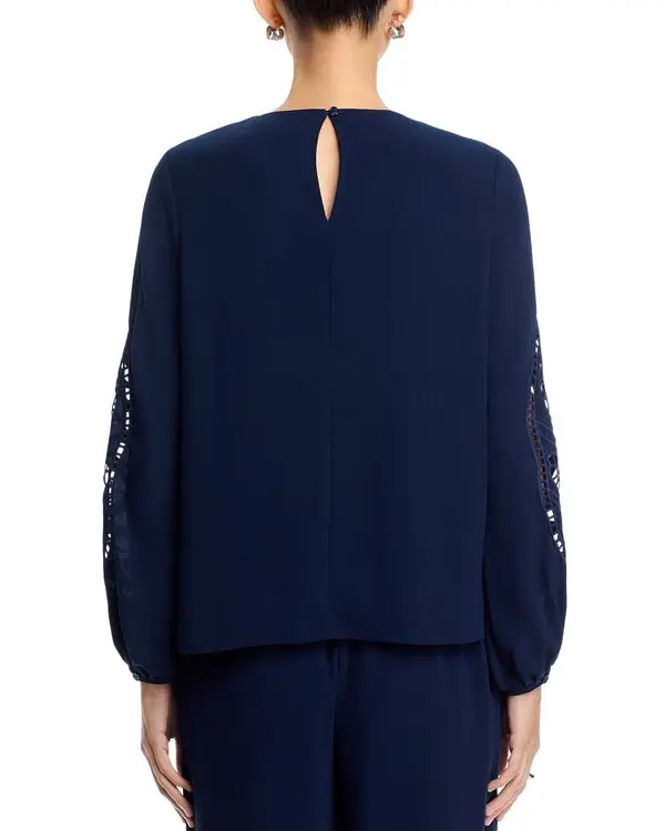 T Tahari Embroidered Sleeve Crewneck Blouse