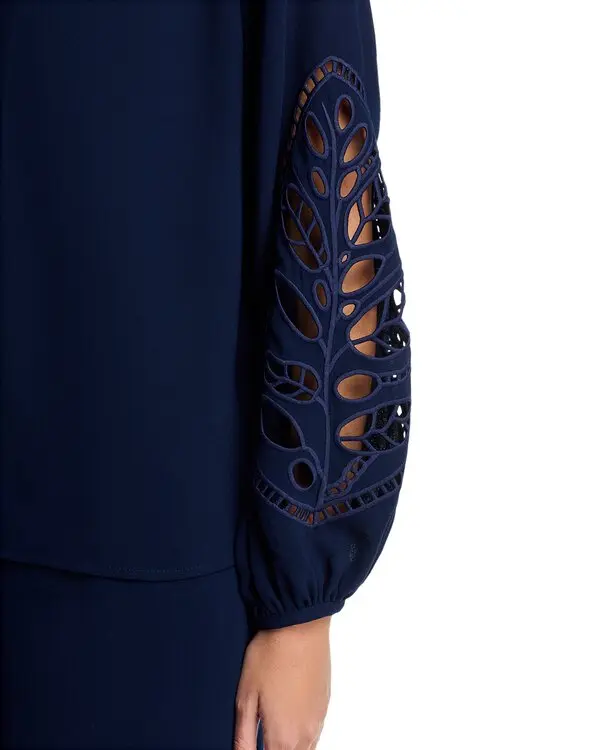 T Tahari Embroidered Sleeve Crewneck Blouse