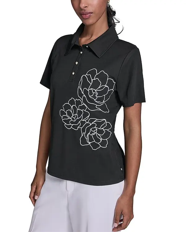 Karl Lagerfeld Paris Floral Embroidered Polo Top