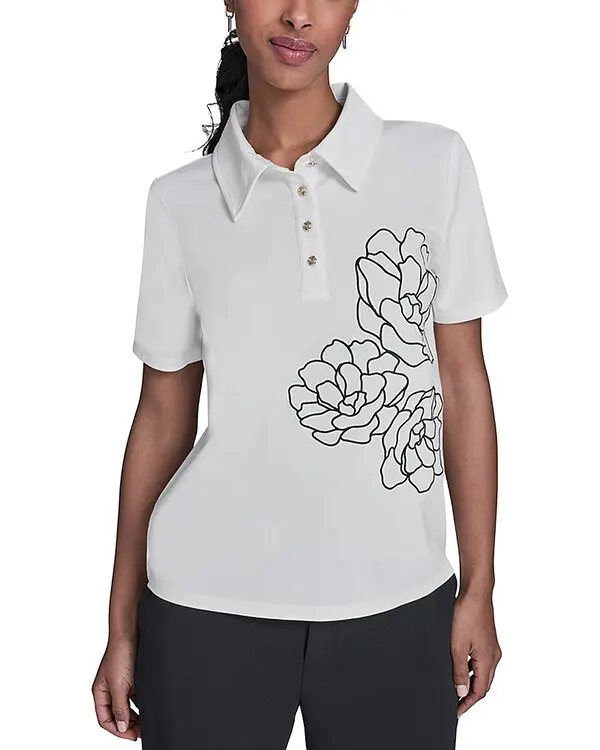 Karl Lagerfeld Paris Floral Embroidered Polo Top - Soft White