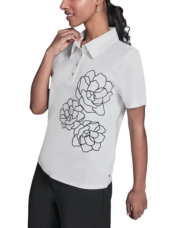 Karl Lagerfeld Paris Floral Embroidered Polo Top