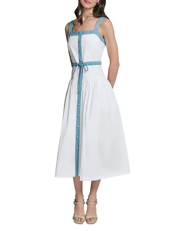 Karl Lagerfeld Paris Poplin Mixed Media Tiered Midi Dress