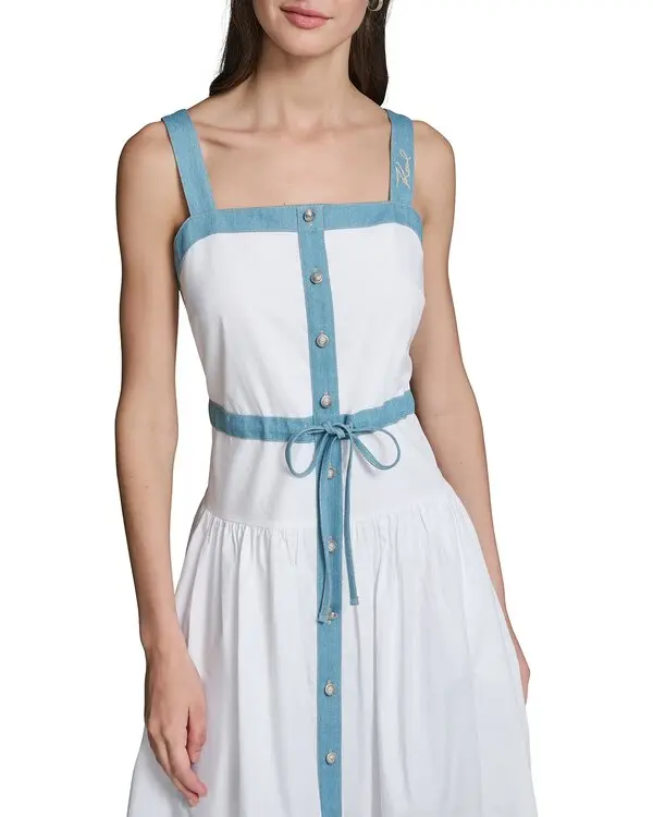 Karl Lagerfeld Paris Poplin Mixed Media Tiered Midi Dress