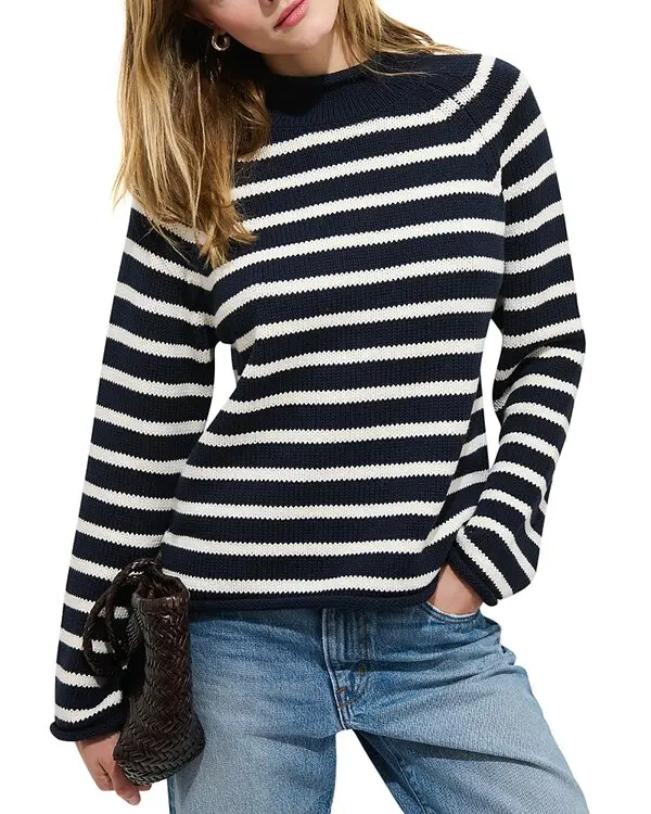 ALEX MILL Eastport Striped Roll Neck Sweater - Dark Navy/sea Salt