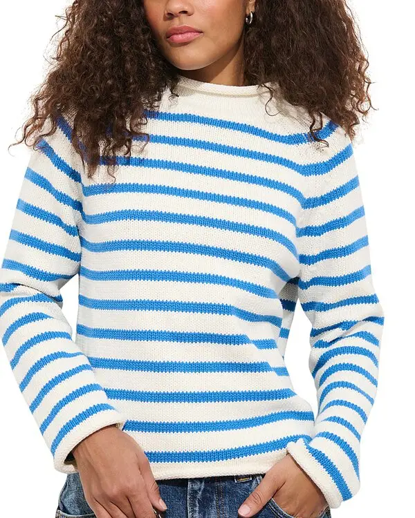 ALEX MILL Eastport Striped Roll Neck Sweater - Sea Salt/ultramatine