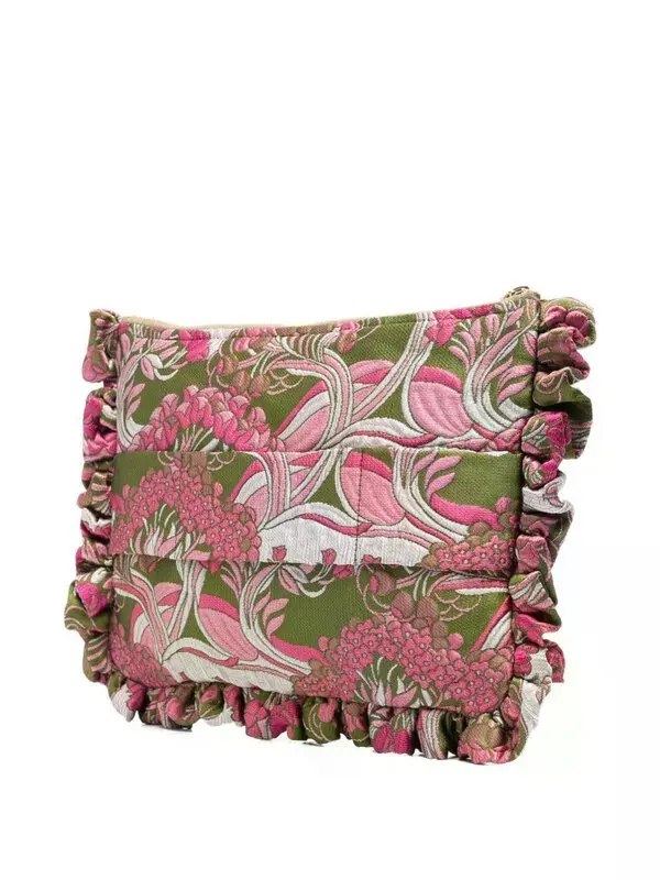 La DoubleJ Floral Embroidered Ruffled Clutch - Green