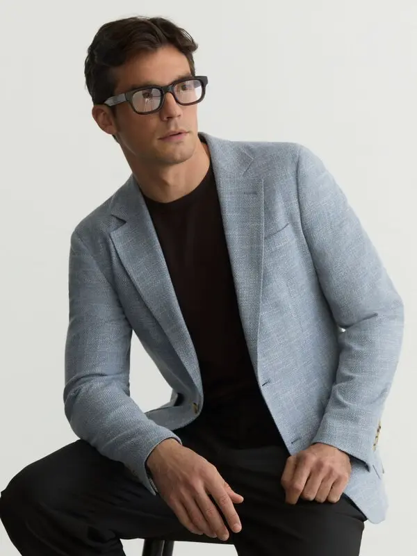 REISS Manci Single-breasted Herringbone Blazer Tailored-fit With Cotton - Soft Blue