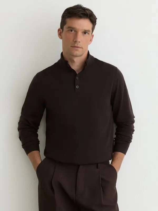 REISS Farnham Merino Wool Half-button Funnel Jumper - Chocolate Brown
