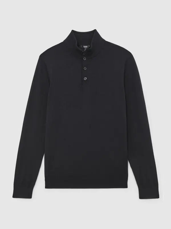 REISS Farnham Merino Wool Half-button Funnel Jumper - Navy