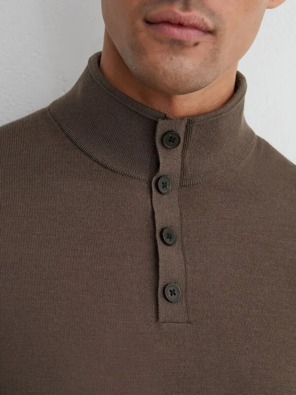 REISS Farnham Merino Wool Half-button Funnel Jumper - Ridge Brown